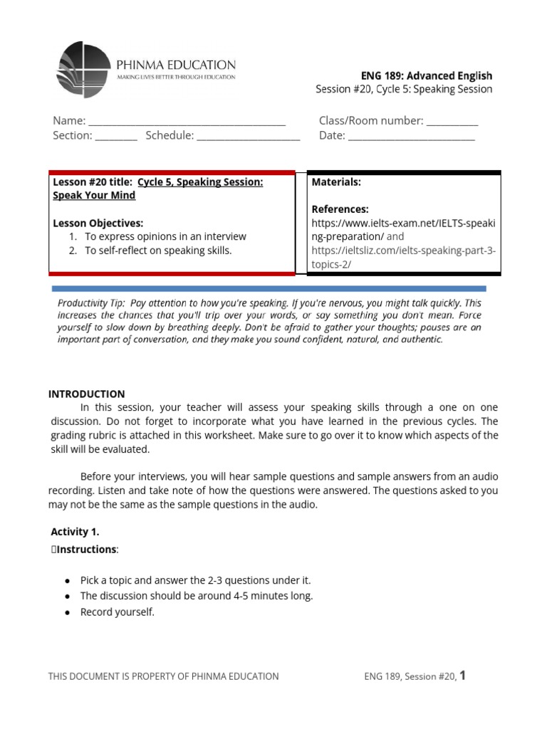 ENG 189 - SAS#20 - Speaking - 2324 | PDF | Tourism | English Language