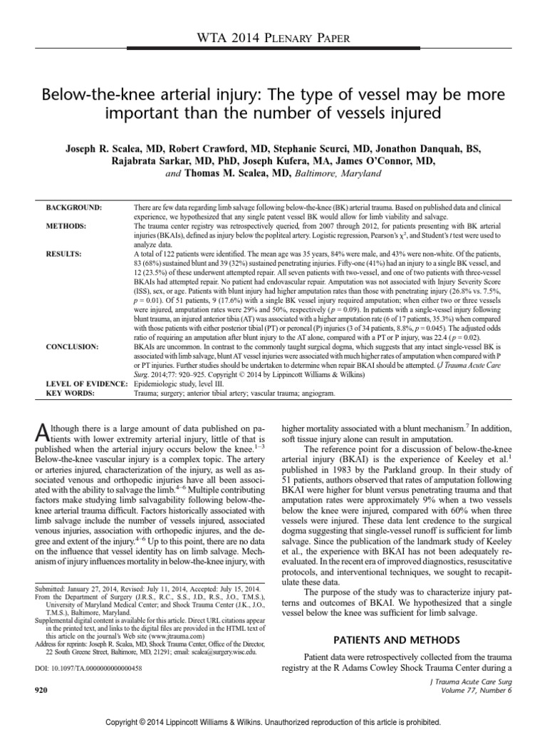 Below-The-Knee Arterial Injury - The Type of Vessel May Be More ...