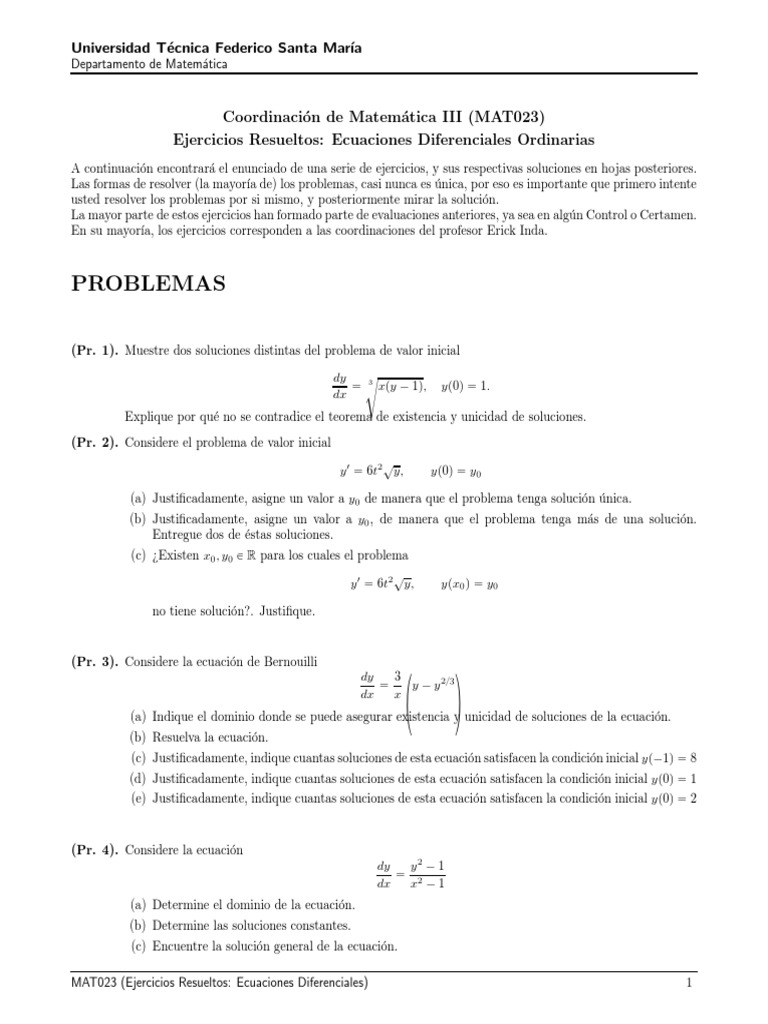 Guía de Ejercicios Resueltos Unidad N°3 Ecuaciones Diferenciales de Primer Orden - EDO | PDF ...