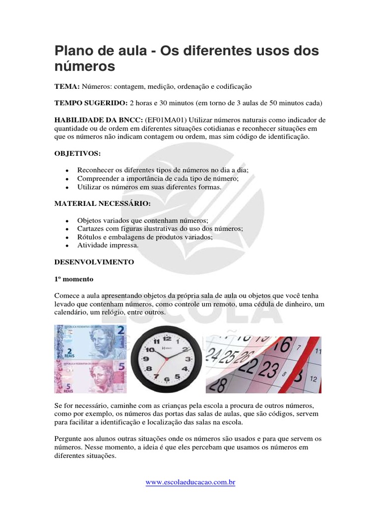 Plano De Aula Diferentes Usos Dos Números 1º Ano Pdf
