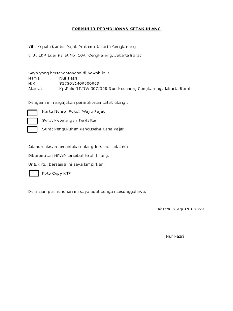 Formulir Permohonan Cetak Ulang (NPWP-SKT-SKPPKP) | PDF