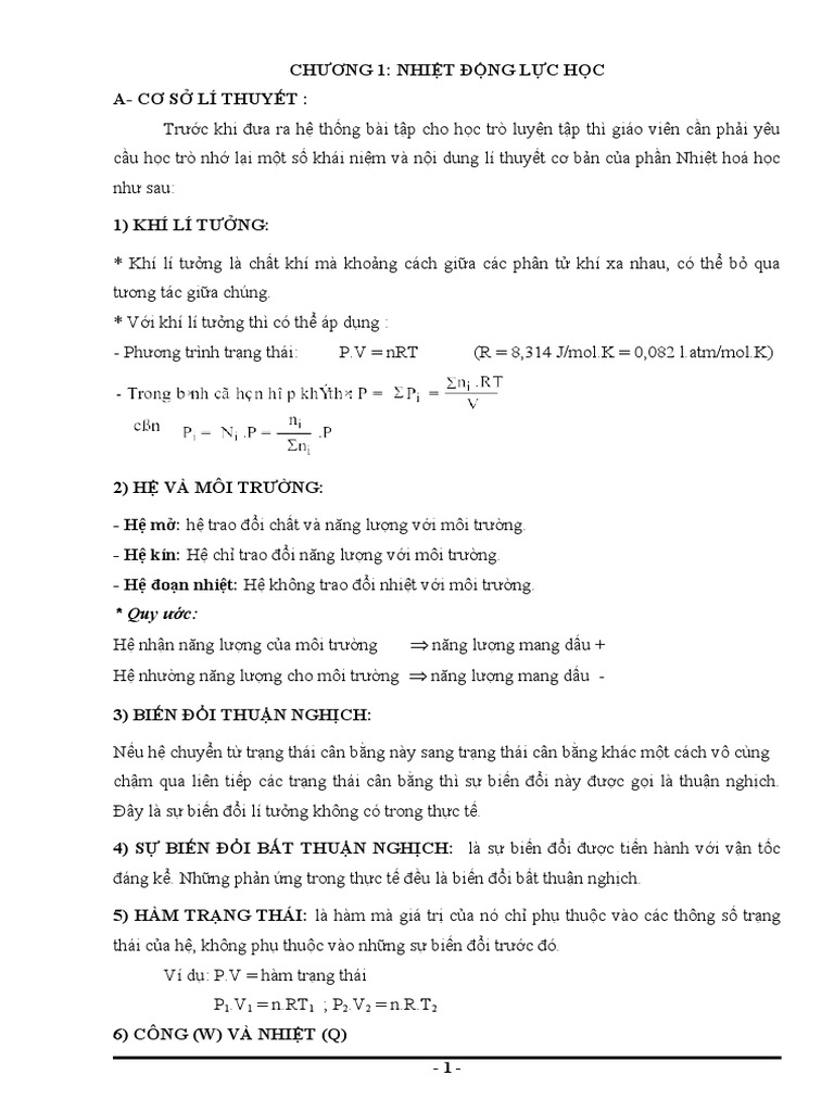 Ly Thuyet Va Bai Tap Chuong 1 Nhiet Dong Hoc | PDF