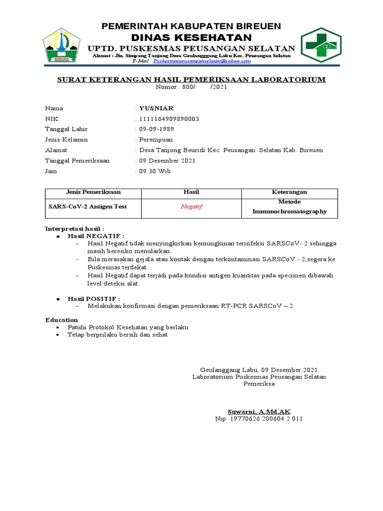 Surat Ket Pemeriksaan Laboratorium | PDF