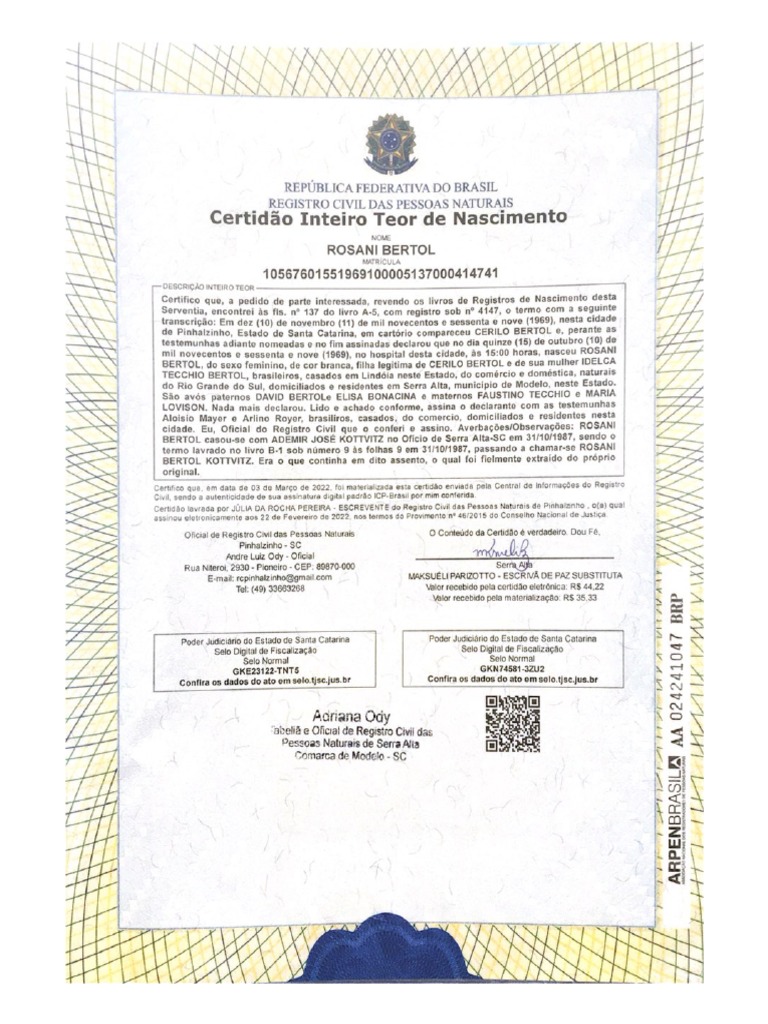 Certidão Inteiro Teor de Nascimento 4 | PDF