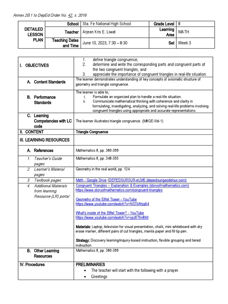 Grade 8 Triangle Congruence Lesson Plan | PDF | Triangle | Elementary ...