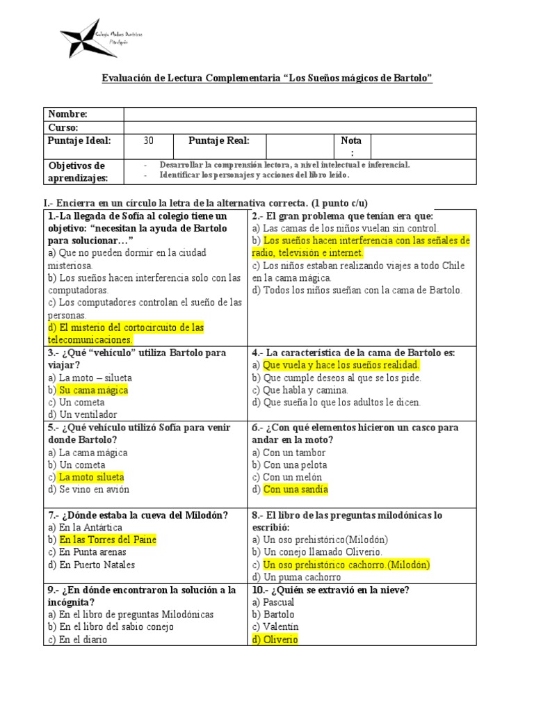 Evaluación Los Sueños Magicos De Bartolo Corrección Oficial Pdf