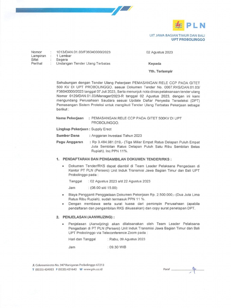 1013 Surat Tender Ulang Terbatas Rele CCP | PDF