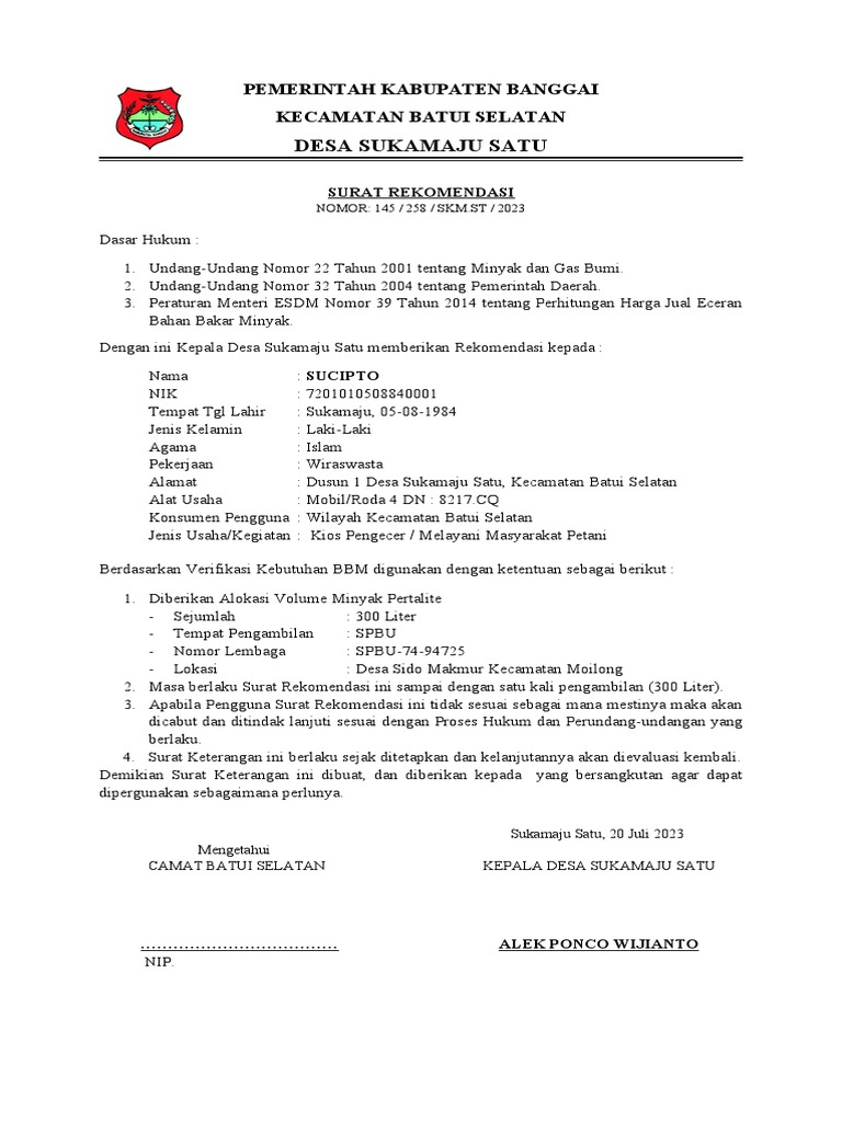 Surat Rekomendasi Solar | PDF