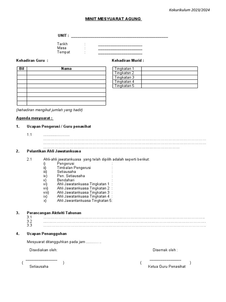 Minit Mesyuarat Agung Kokurikulum Mengikut Unit | PDF