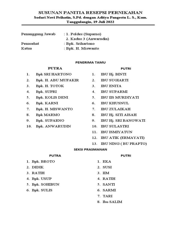 Susunan Panitia Resepsi Pernikahan | PDF Susunan Panitia Resepsi Pernikahan | PDF