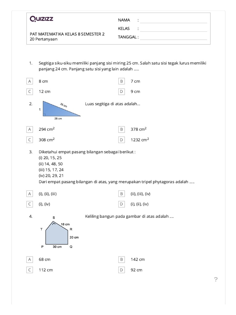 Pat Matematika Kelas 8 Semester 2 | PDF