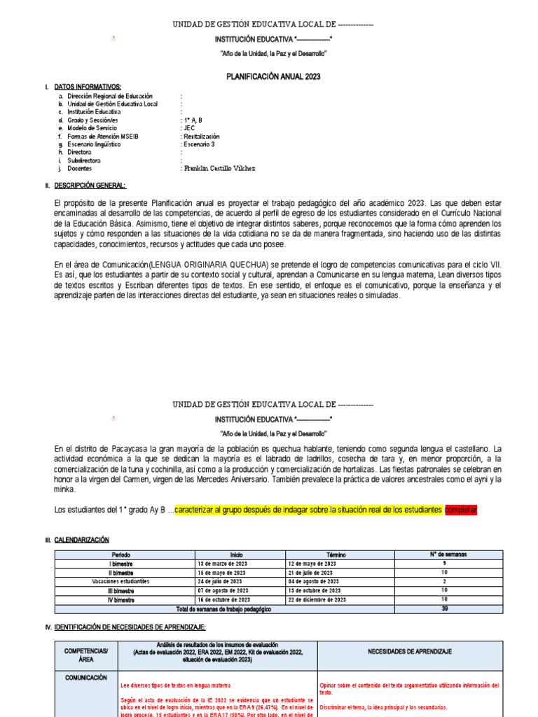 Planificación Anual - 1° | PDF | Maestros | Plan de estudios