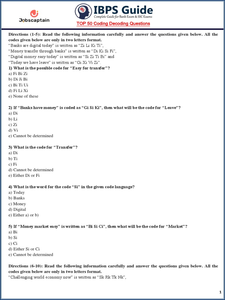 3 TOP 50 Coding Decoding Questions For IBPS Clerk Exams | Download Free ...