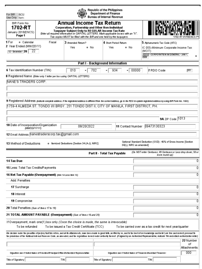 1702-RT Annual Income Tax Return | PDF