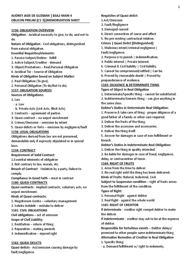 Oblicon Prelim Memorization Sheet | PDF