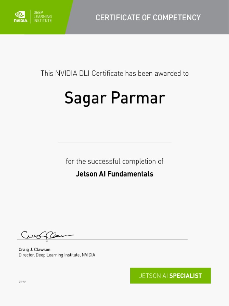 NVIDIA Jetson AI Specialist Certificate Sagar Parmar | PDF