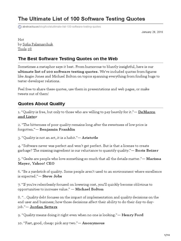 Abstracta Us The Ultimate List Of 100 Software Testing Quotes Pdf Software Testing