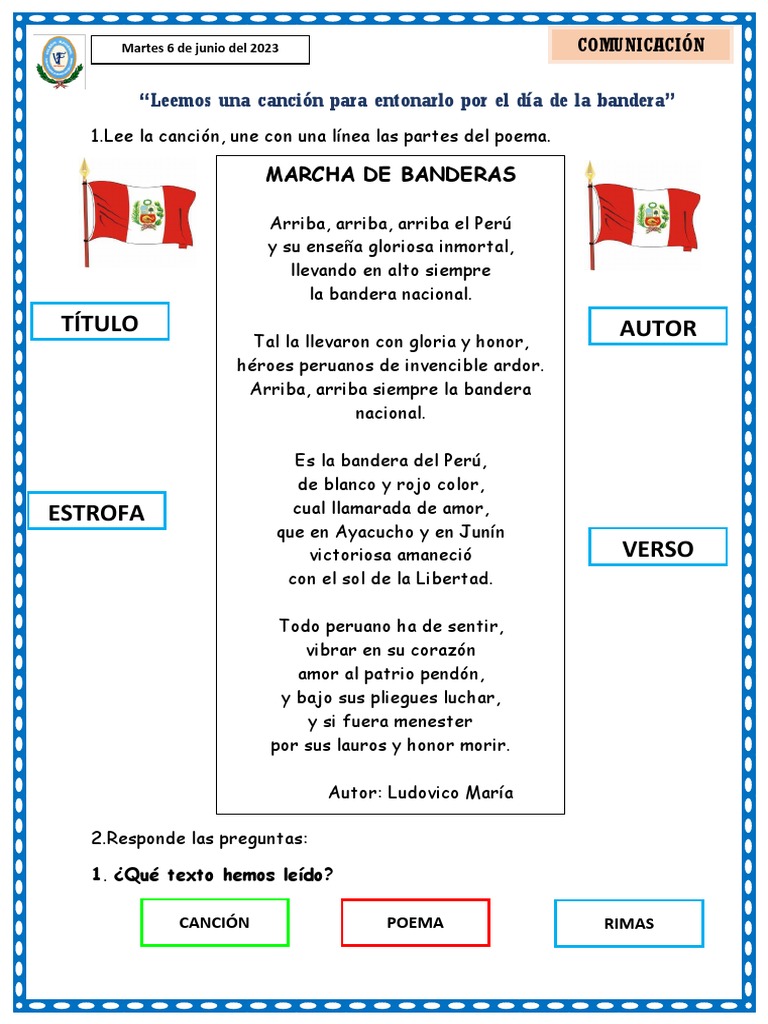 06-06-23 Ficha Leemos una canción marcha de banderas | PDF