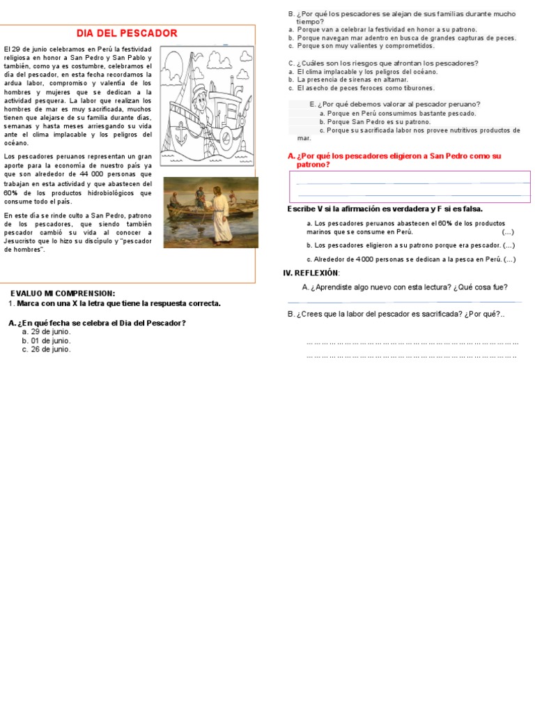 EVALUO MI COMPRENSIOdia Del Pesacor Ficha 2023 | PDF