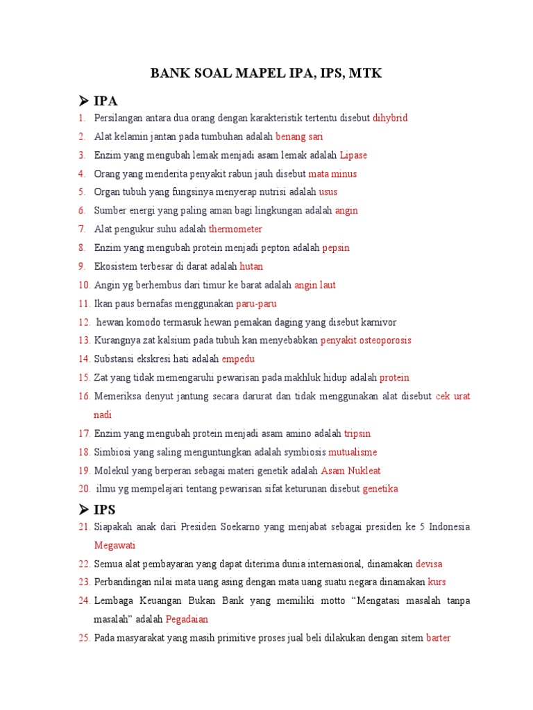 Bank Soal Mapel Ipa, Ips, & MTK | PDF