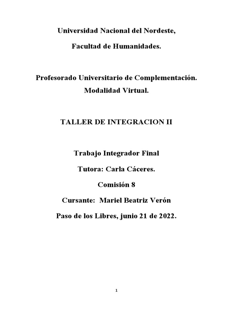 Veron Mariel - Comision 8 - Taller de Integracion 2 - Trabajo Integrador Final | PDF ...