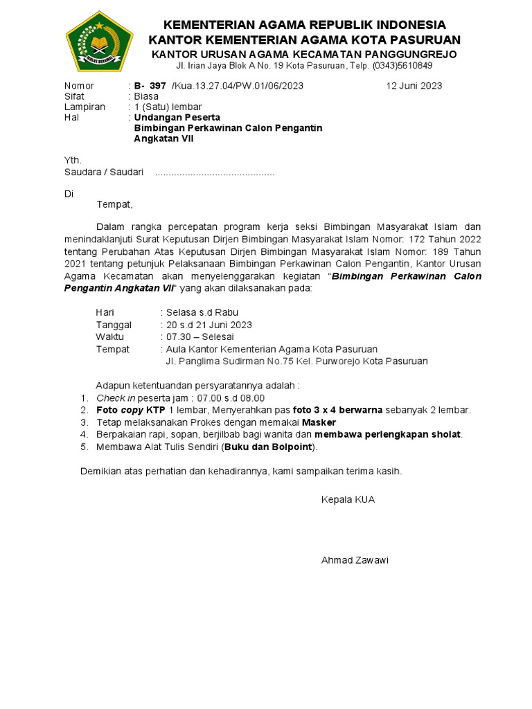 Undangan Bimbingan Perkawinan VII | PDF