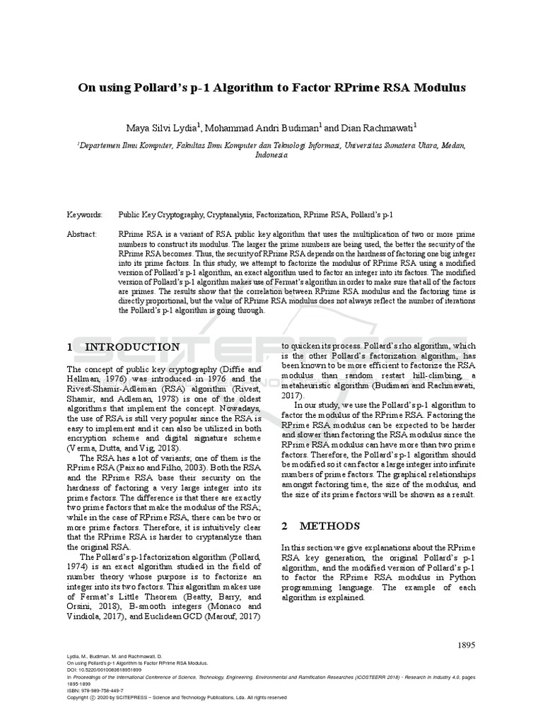 On Using Pollard'S P-1 Algorithm To Factor Rprime Rsa Modulus | PDF | Prime Number | Espionage ...