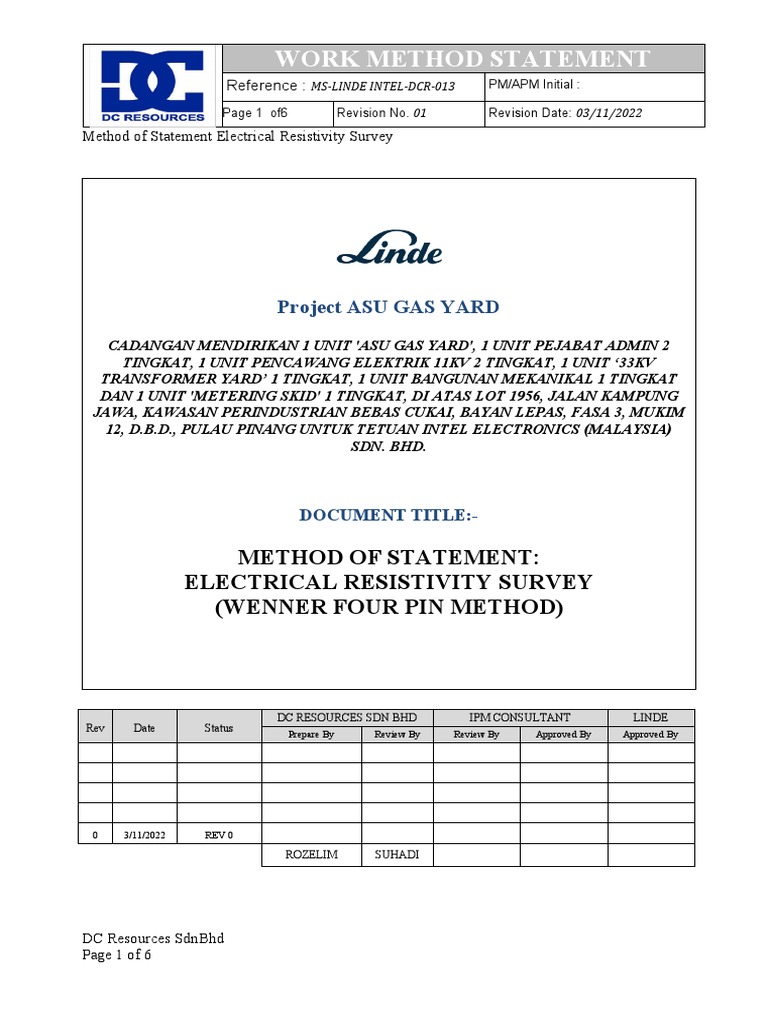 METHOD OF STATEMENT Electrical Resistivity Survey (Wenner Four Pin ...