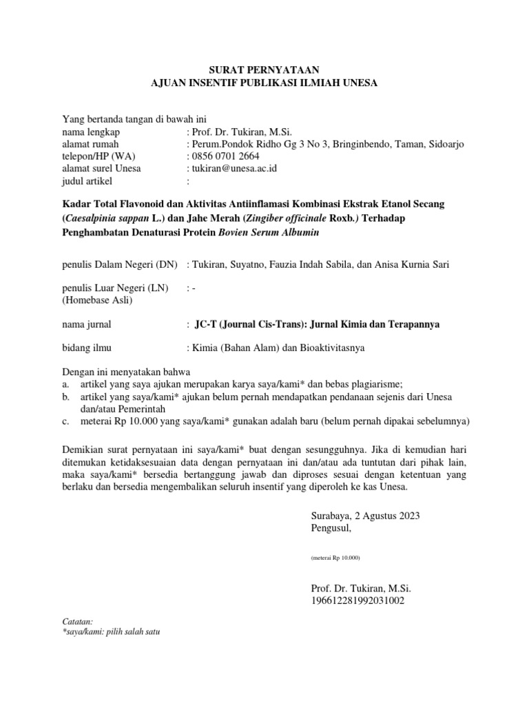 Surat - Pernyataan - Pengajuan Insentif Publikasi Artikel-Tukiran | PDF