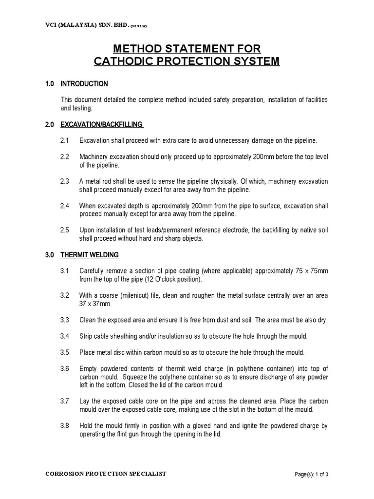 Method Statement for Cathodic Protection | PDF | Pipe (Fluid Conveyance) | Building Materials