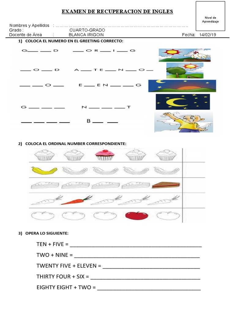 Examen de Recuperacion de Ingles Cuarto | PDF