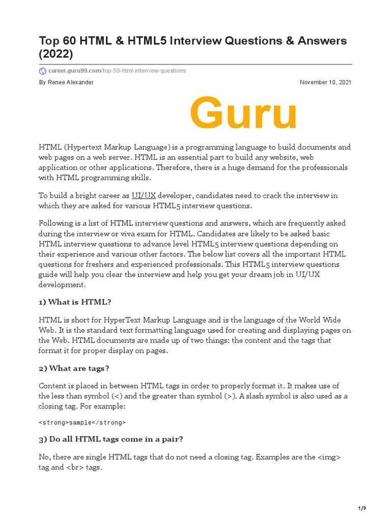 Top 60 HTML Amp HTML5 Interview Questions Amp Answers 2022 | PDF | Html Element | Hyperlink