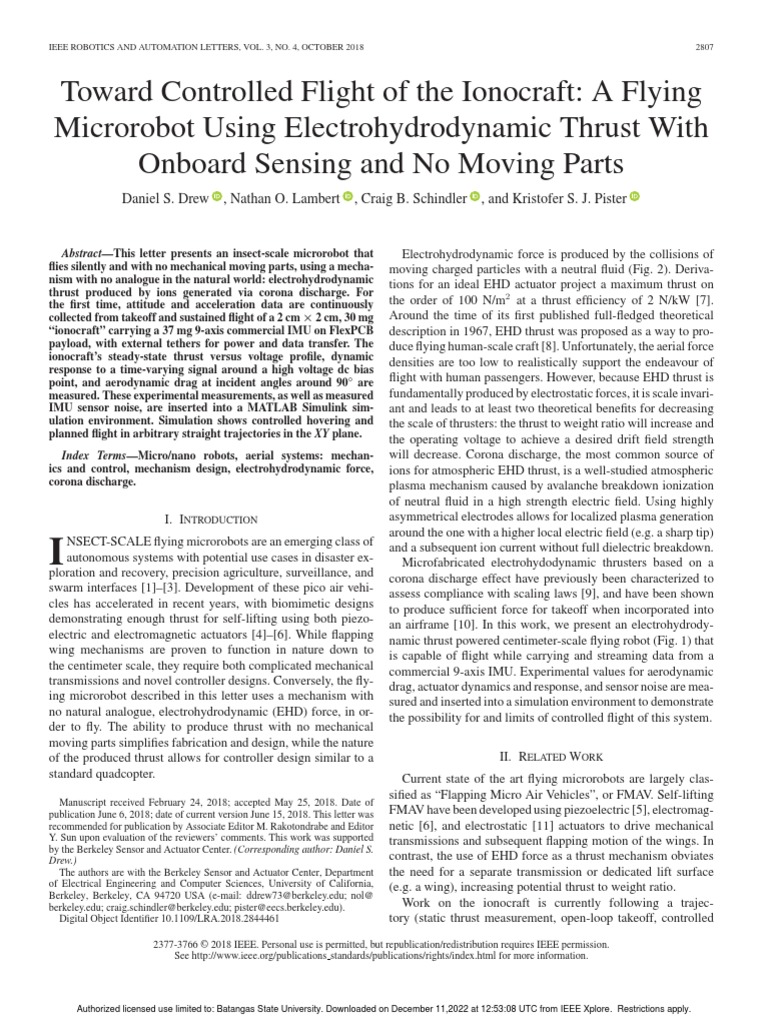 Toward Controlled Flight Of The Ionocraft A Flying Microrobot Using Electrohydrodynamic Thrust