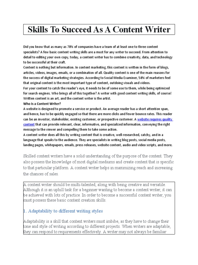 Skills To Succeed As A Content Writer | PDF | Search Engine Optimization | Social Media