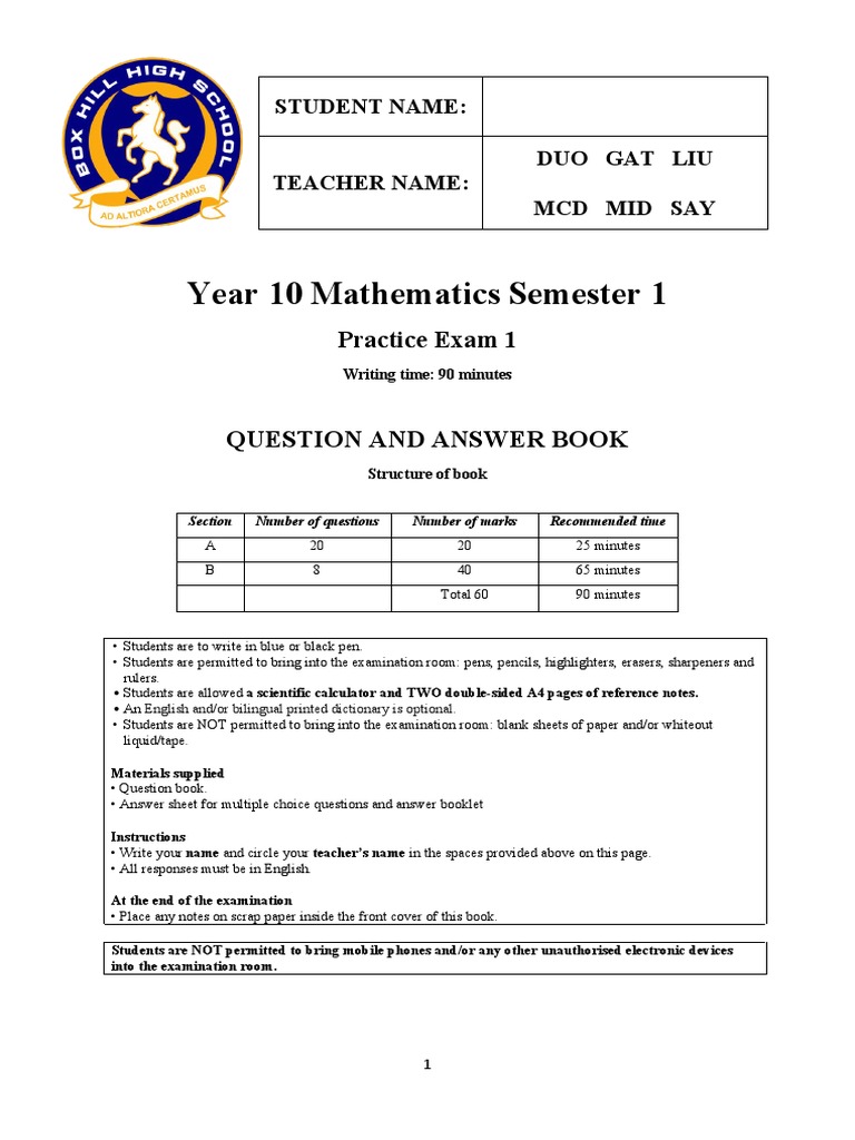 2023 S1 Year 10 Practice Exam 1 | Download Free PDF | Geometry ...