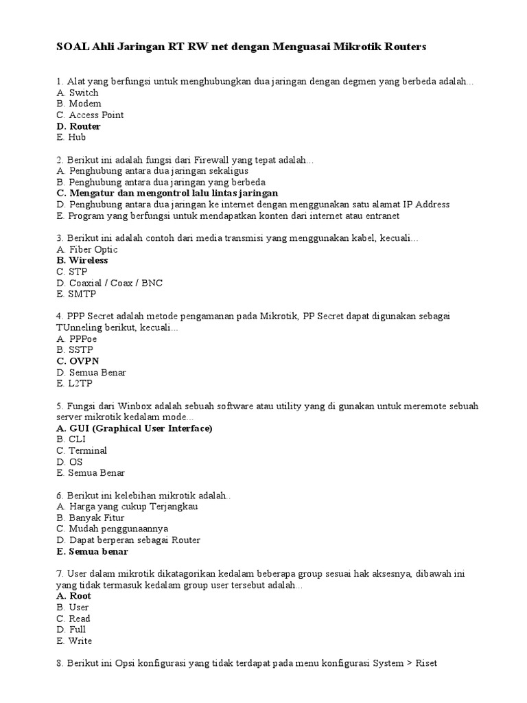 Soal PBK Ahli Jaringan RT RW Net Dengan Menguasai Mikrotik Routers | PDF