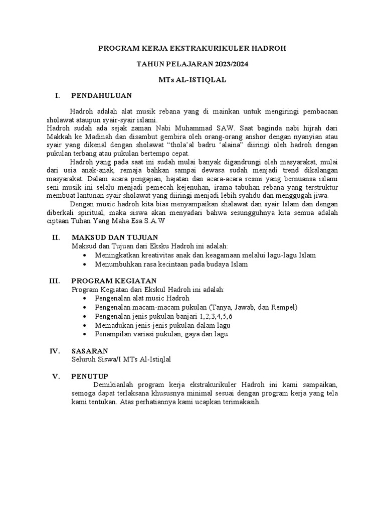 Program Ekskul Hadroh MTs 2023/2024 | PDF | Agama & Spiritualitas
