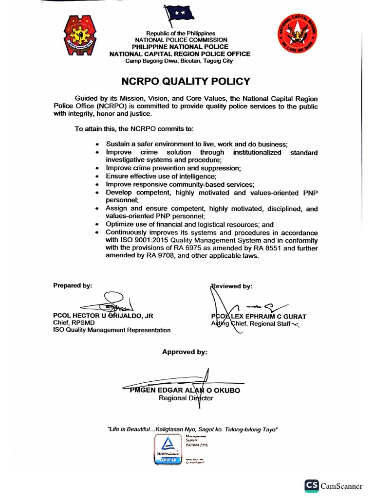 Quality Policy And Scope Statement Pdf