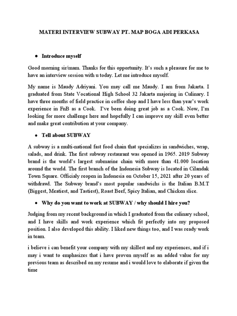 Materi Interview Subway | PDF