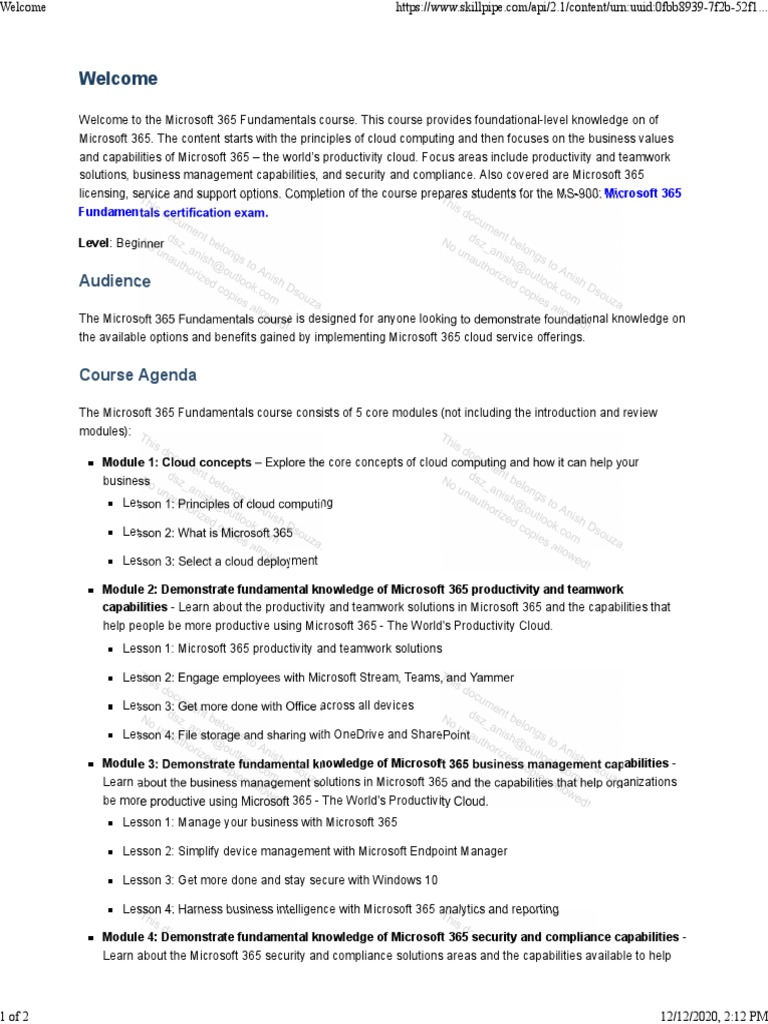 Microsoft 365 Fundamentals Course Overview | PDF | Cloud Computing ...