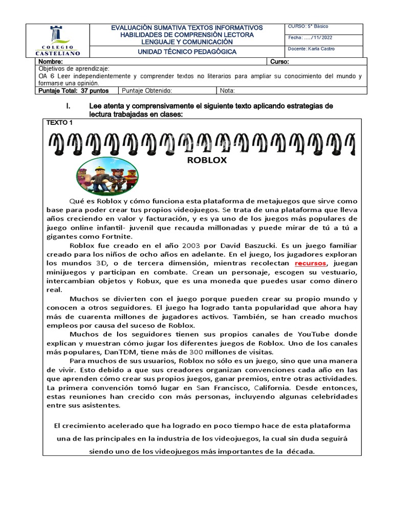 5º Evaluación Textos Informativos | PDF | Comprensión lectora | Videojuegos