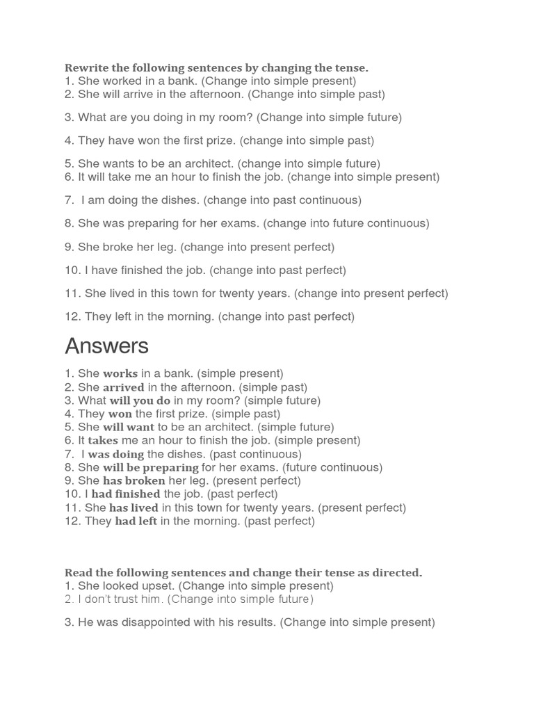 Rewrite The Following Sentences by Changing The Tense | PDF ...