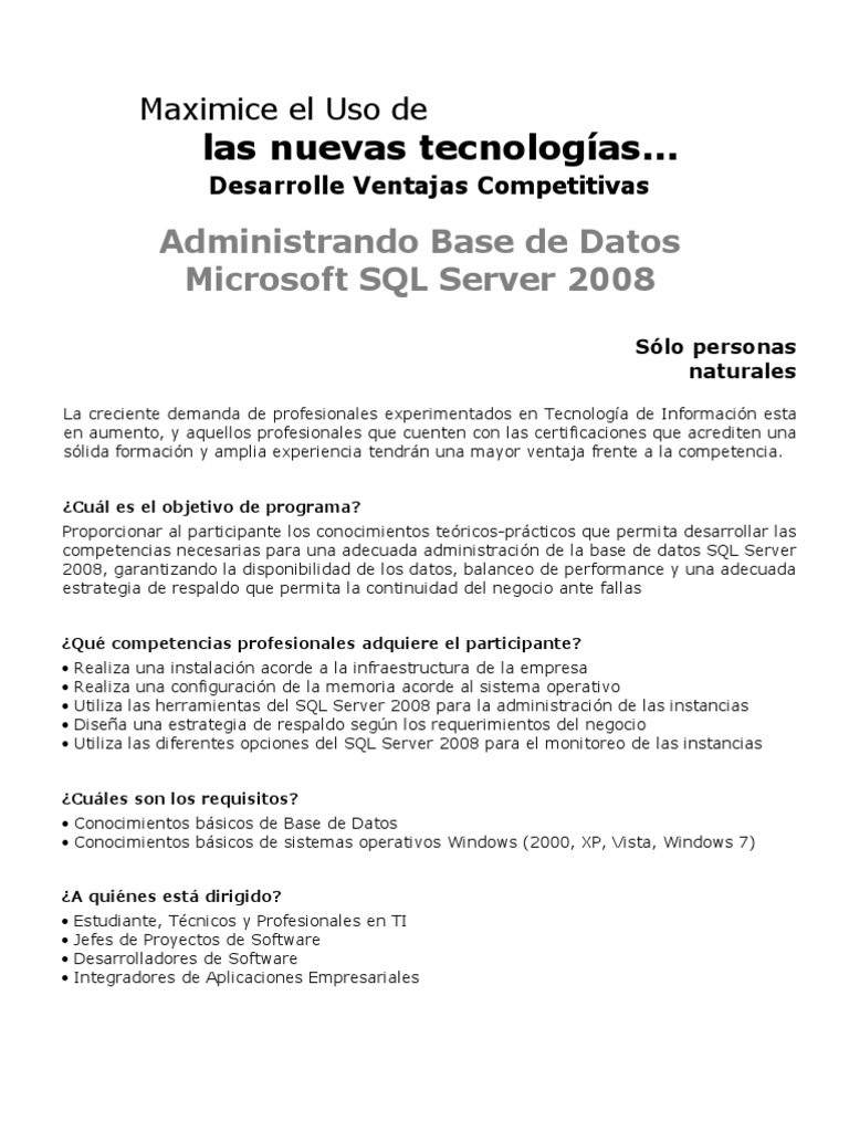 Administrando Base de Datos Microsoft SQL Server 2008 | PDF | Servidor SQL de Microsoft | Apoyo