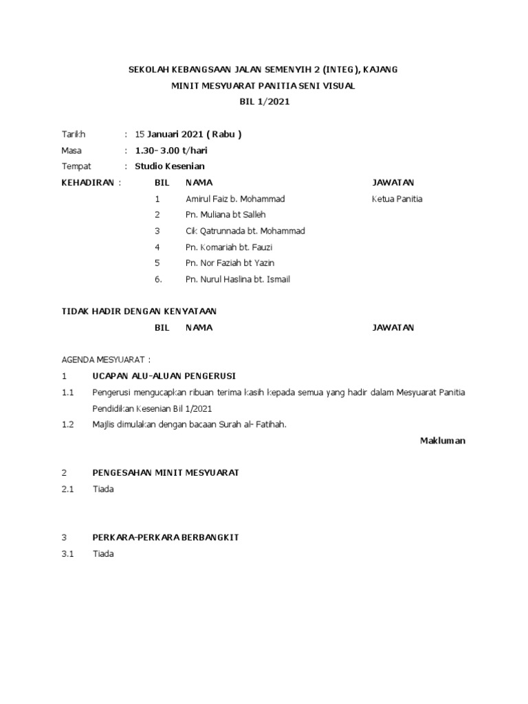 1 Minit Mesyuarat Panitia Seni Bil1 2021 | PDF