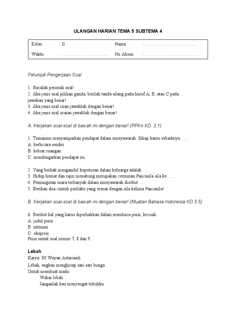 Ulangan Harian Kelas 2 Tema 5 Subtema 4 | PDF