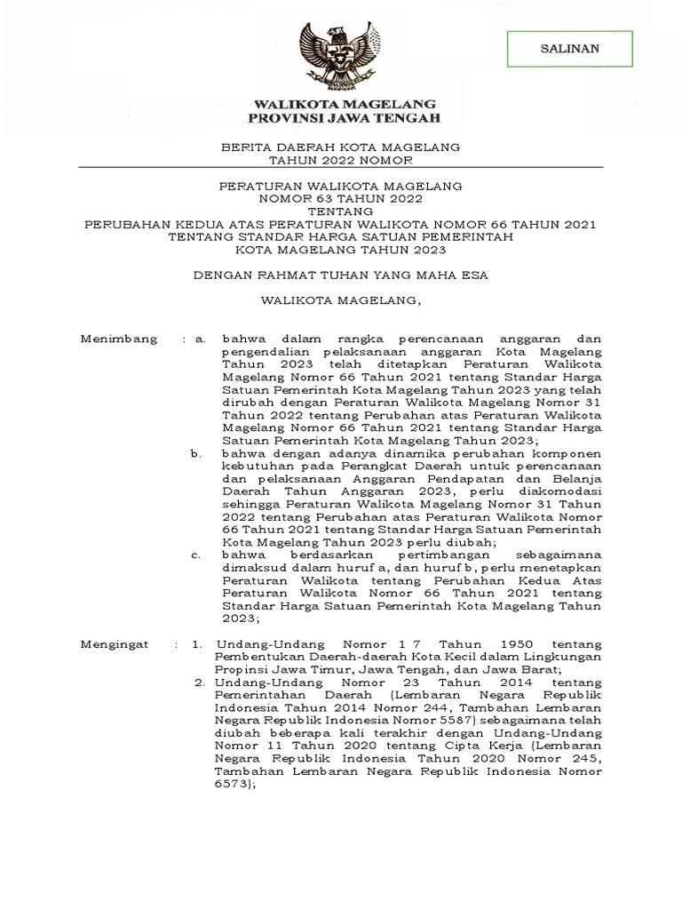 Perwal No 63 2022 Standarisasi Harga 2023 | PDF | Pengelolaan Keuangan ...
