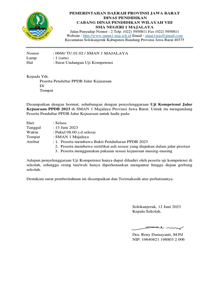 Surat Undangan Uji Kompetensi PPDB 2023 Rev1 | PDF