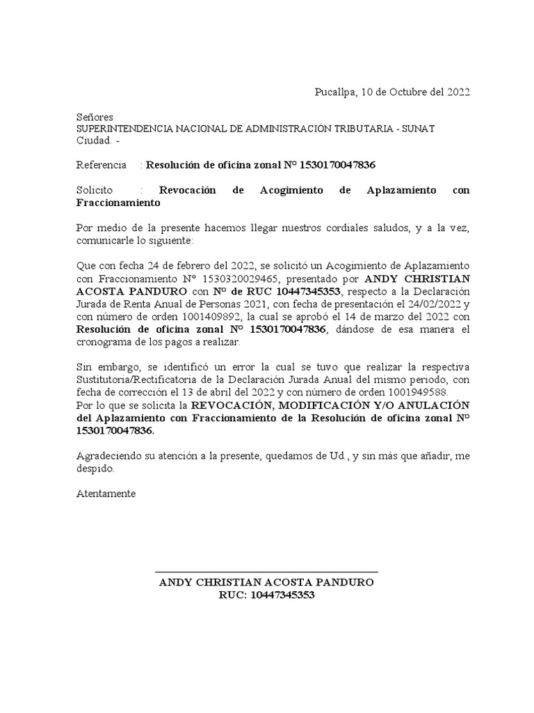 Escrito Dirigido A Sunat - Modelos | PDF