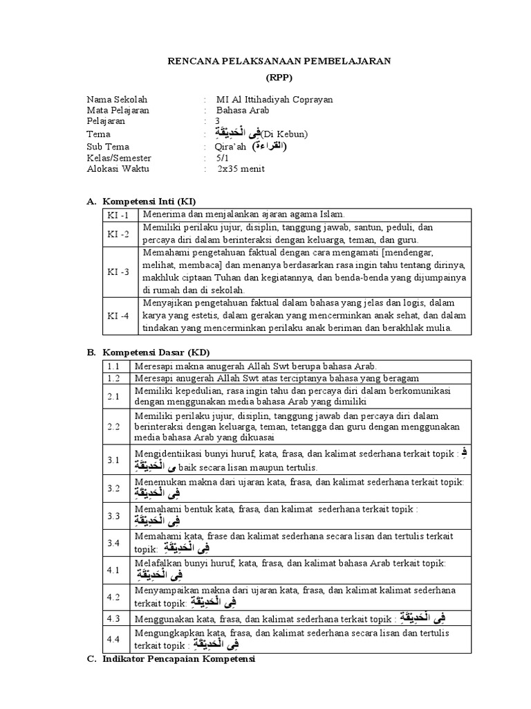 RPP Bahasa Arab Kelas 5 Semester 1 Tema 3 2017 | PDF | Karier & Perkembangan | Seni & Disiplin ...