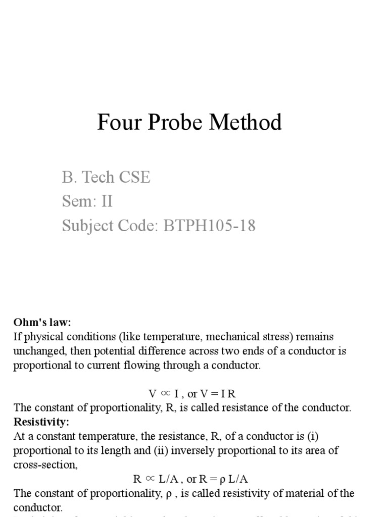 Four Probe Method | PDF | Electrical Resistivity And Conductivity ...